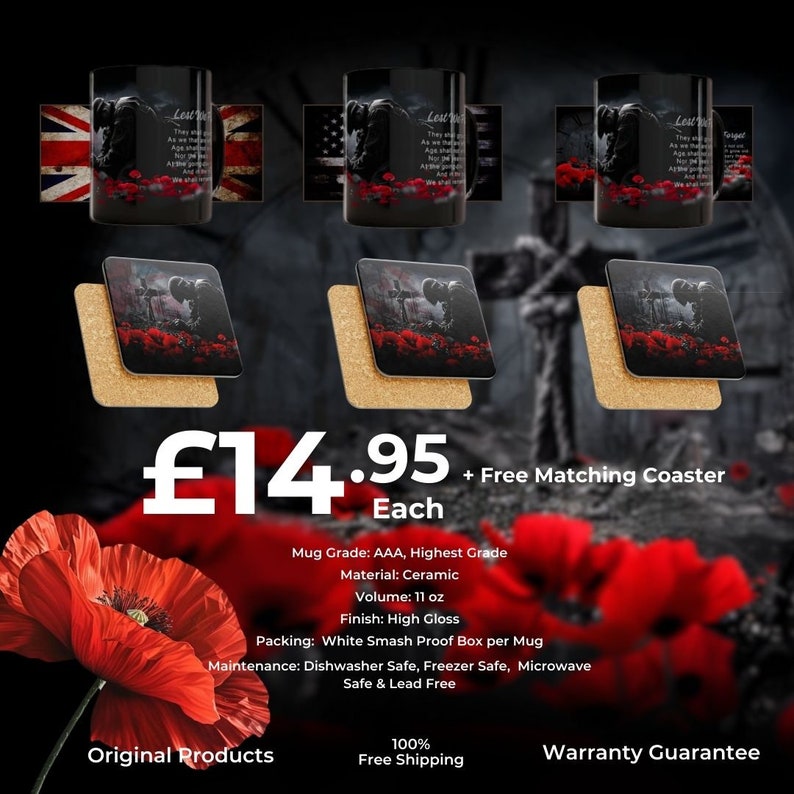 Remembrance Day Mug & Matching Coaster: 11oz Black Ceramic Mug With ...