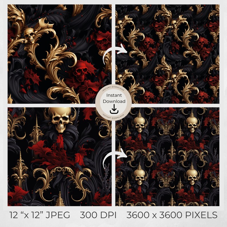 Gothic Skulls Seamless Digital Papers, Instant Download, Gothic ...