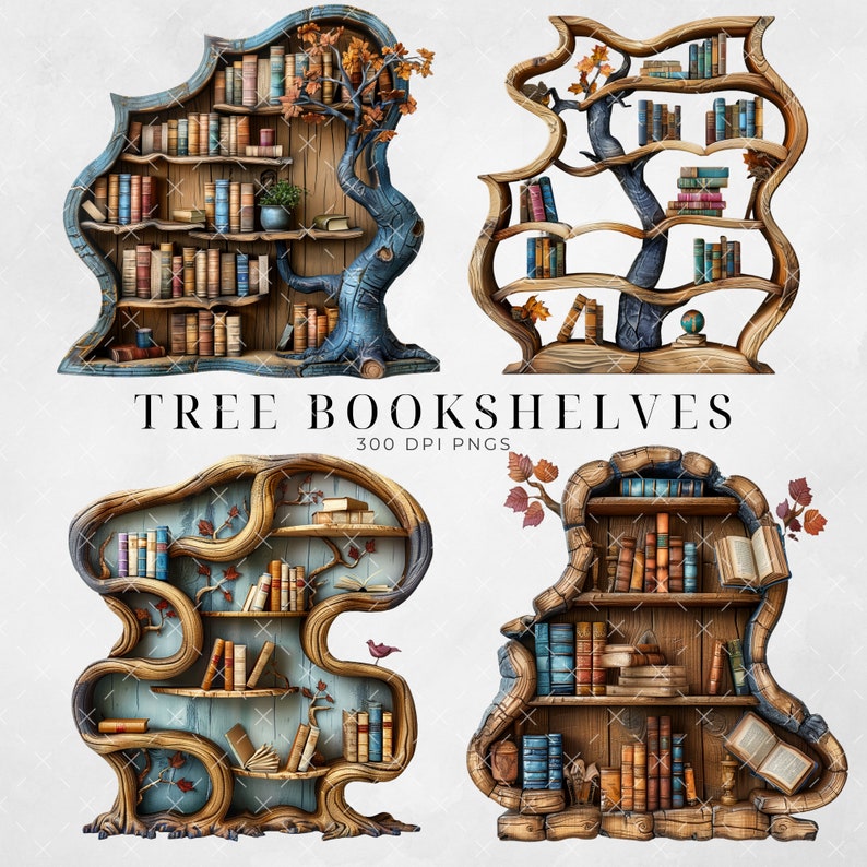 Tree Bookshelf Clipart, Transparent PNG, Instant Download, Bookcase ...