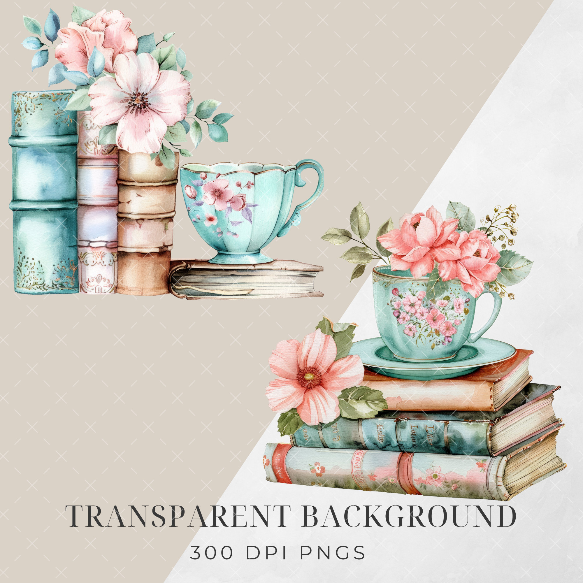 Books Tea Flowers Clipart, Transparent PNG, Junk Journal, Instant ...