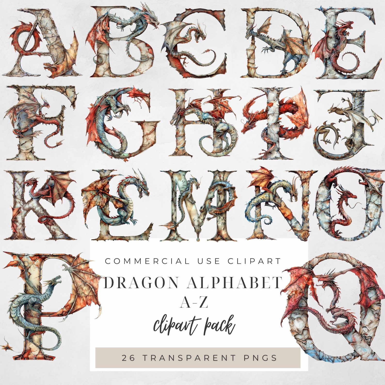 Dragon Letter Clipart, Transparent PNG, Instant Download, Dragon ...