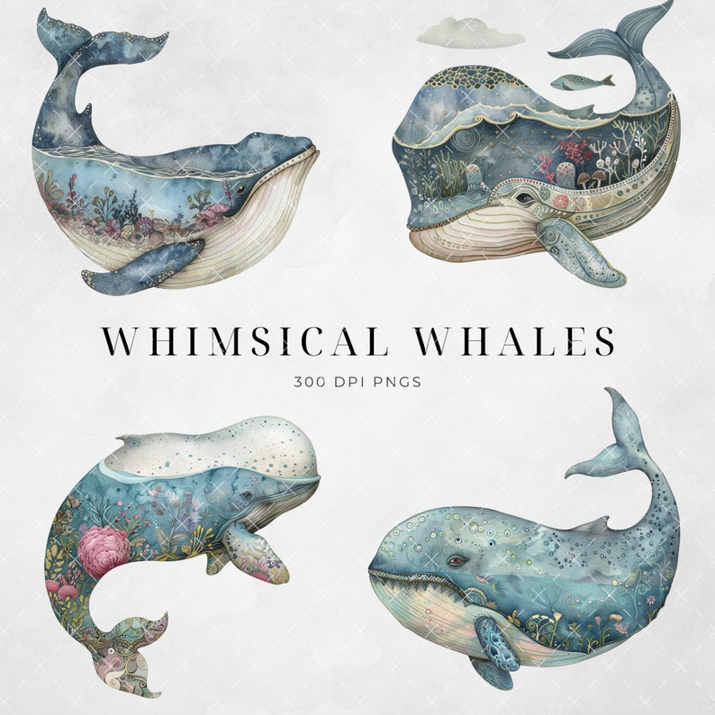 Whimsical Watercolor Whale Clipart, Transparent PNG, Junk Journal ...