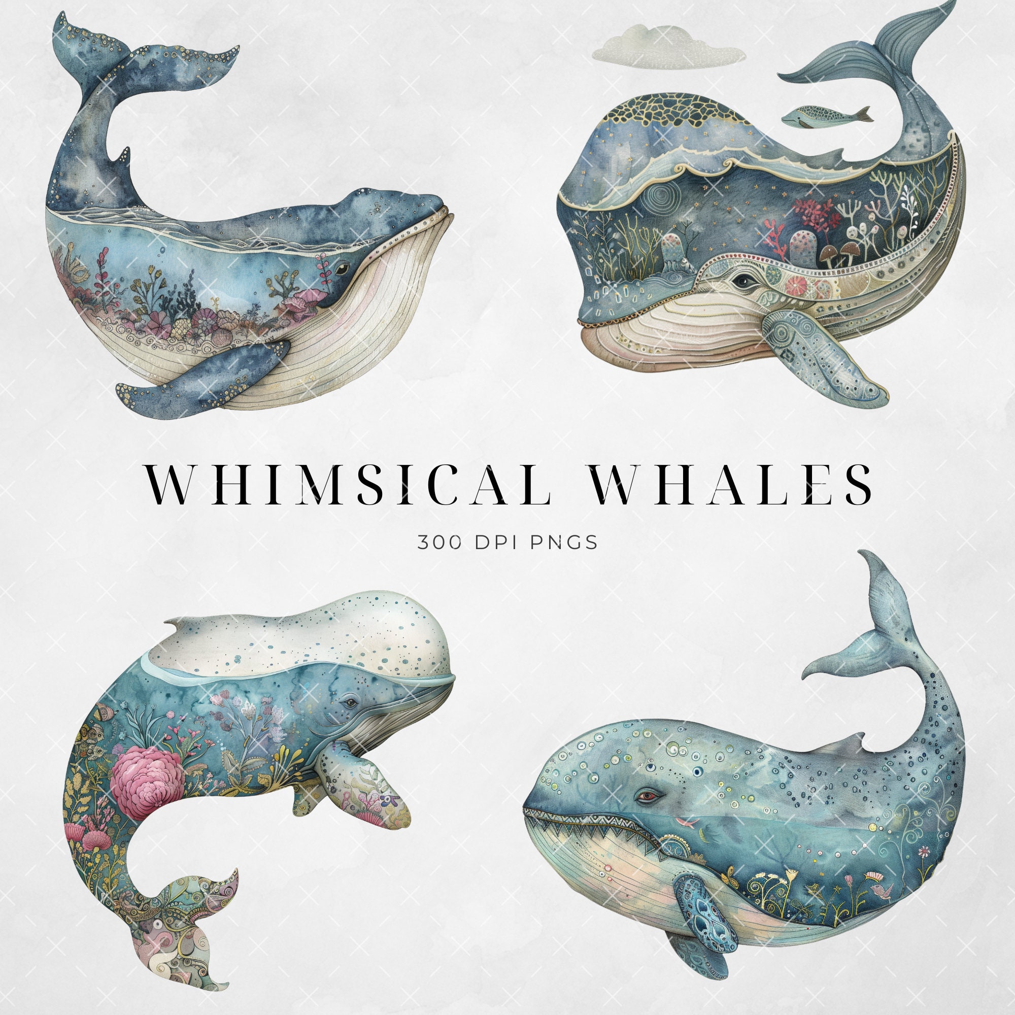 Whimsical Watercolor Whale Clipart, Transparent PNG, Junk Journal ...