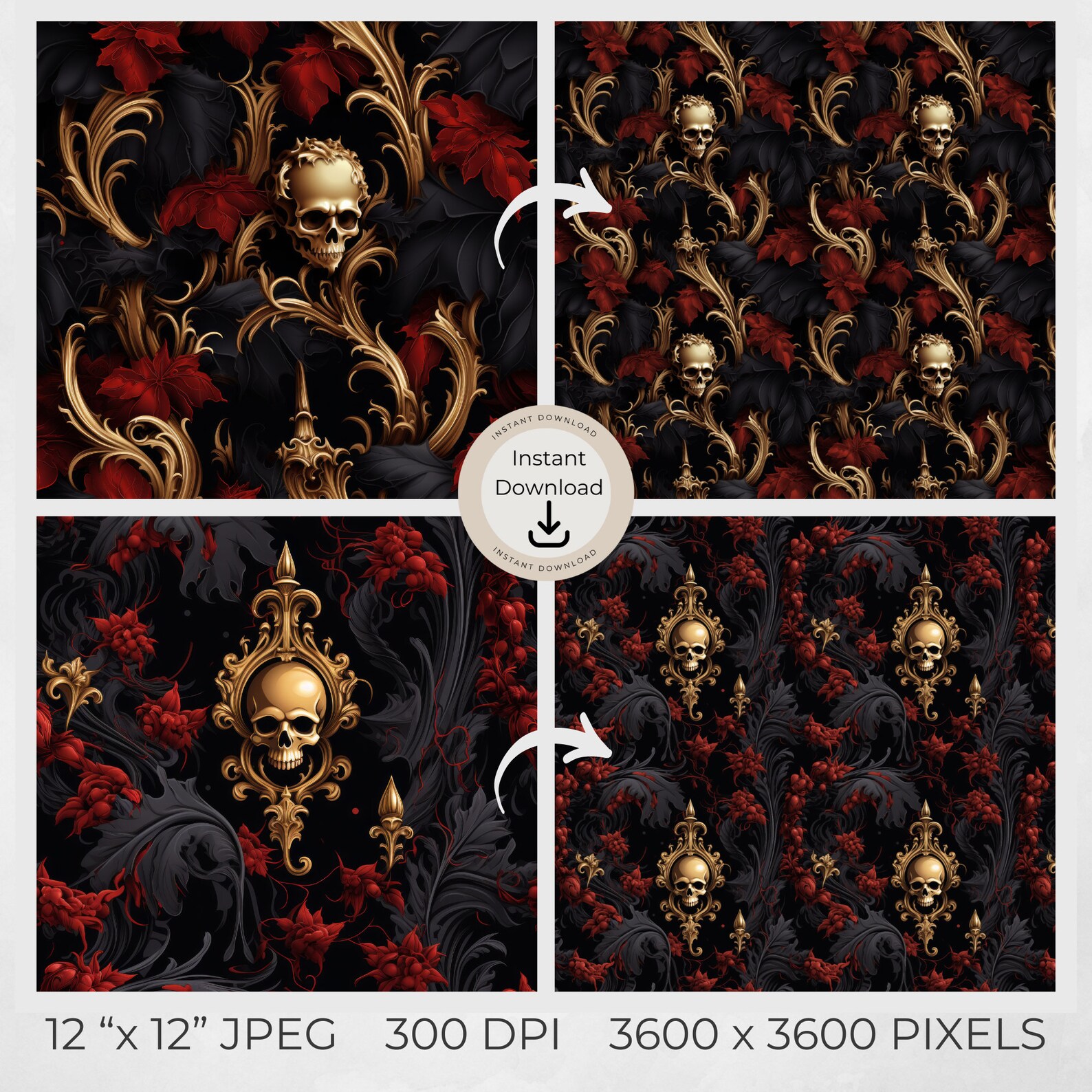 Gothic Skulls Seamless Digital Papers, Instant Download, Gothic ...
