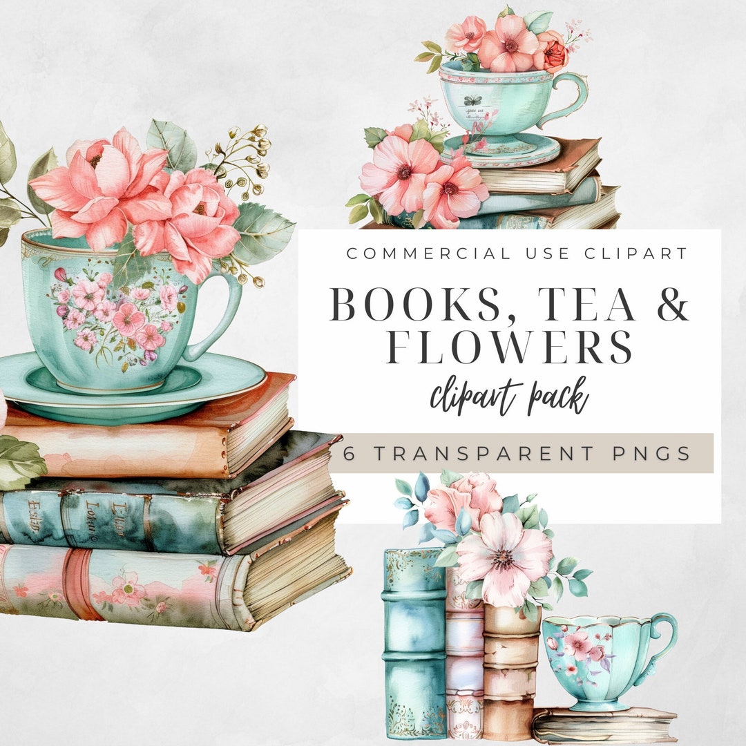 Books Tea Flowers Clipart, Transparent PNG, Junk Journal, Instant ...