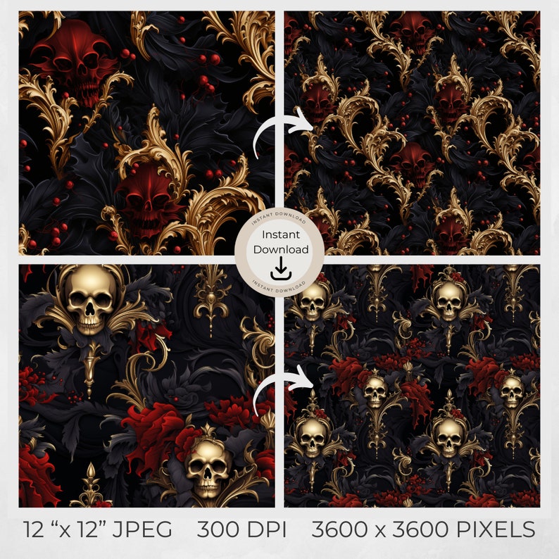 Gothic Skulls Seamless Digital Papers, Instant Download, Gothic ...