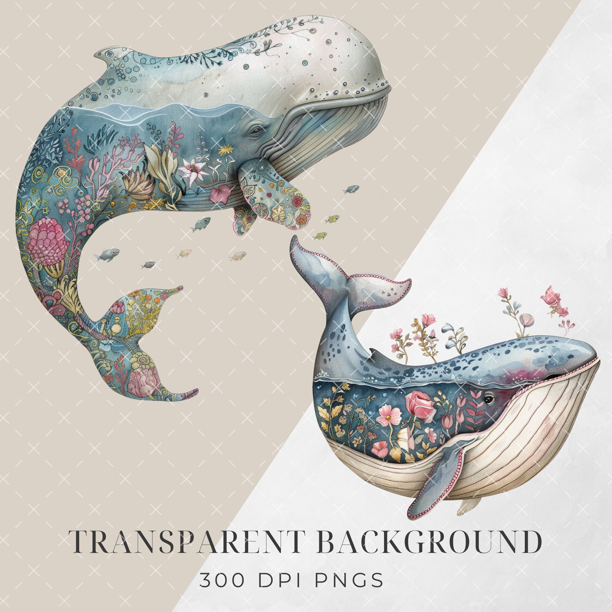 Whimsical Watercolor Whale Clipart, Transparent PNG, Junk Journal ...