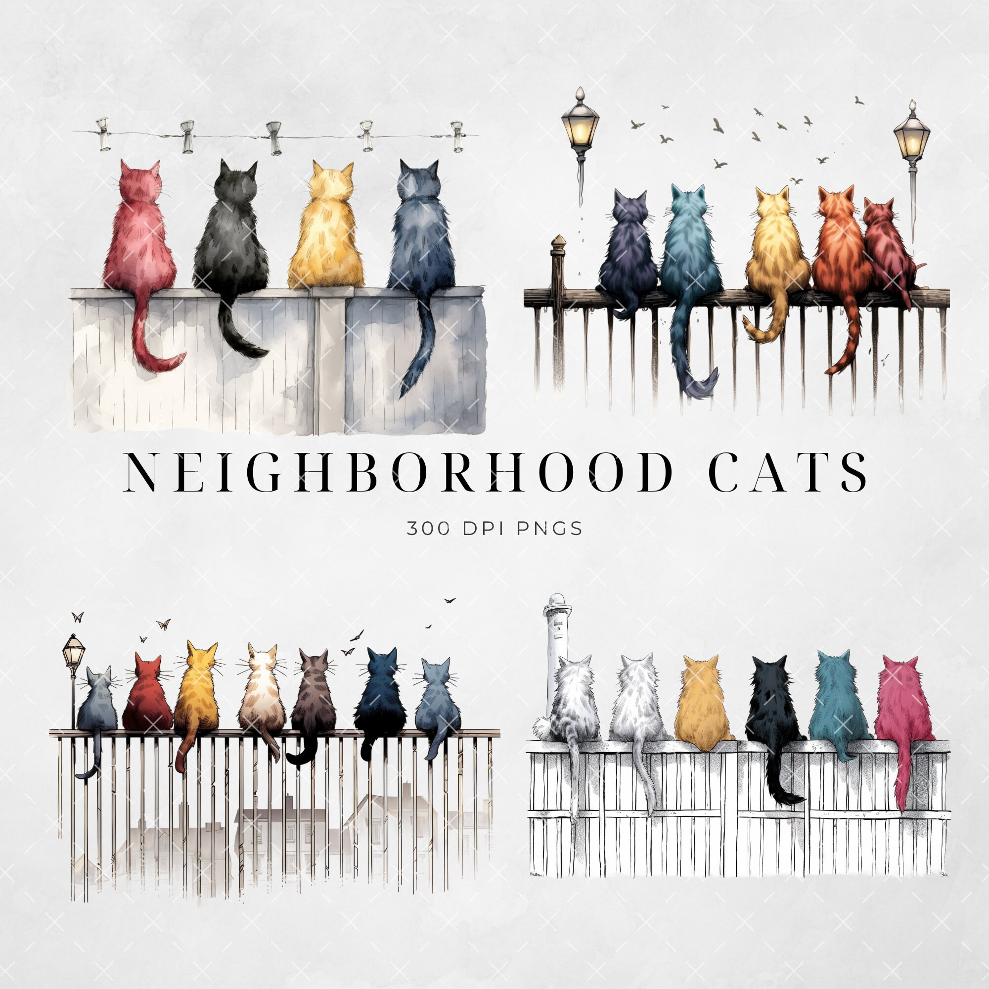Cats on Fence Clipart, Transparent PNG, Instant Download, Quirky Cat ...