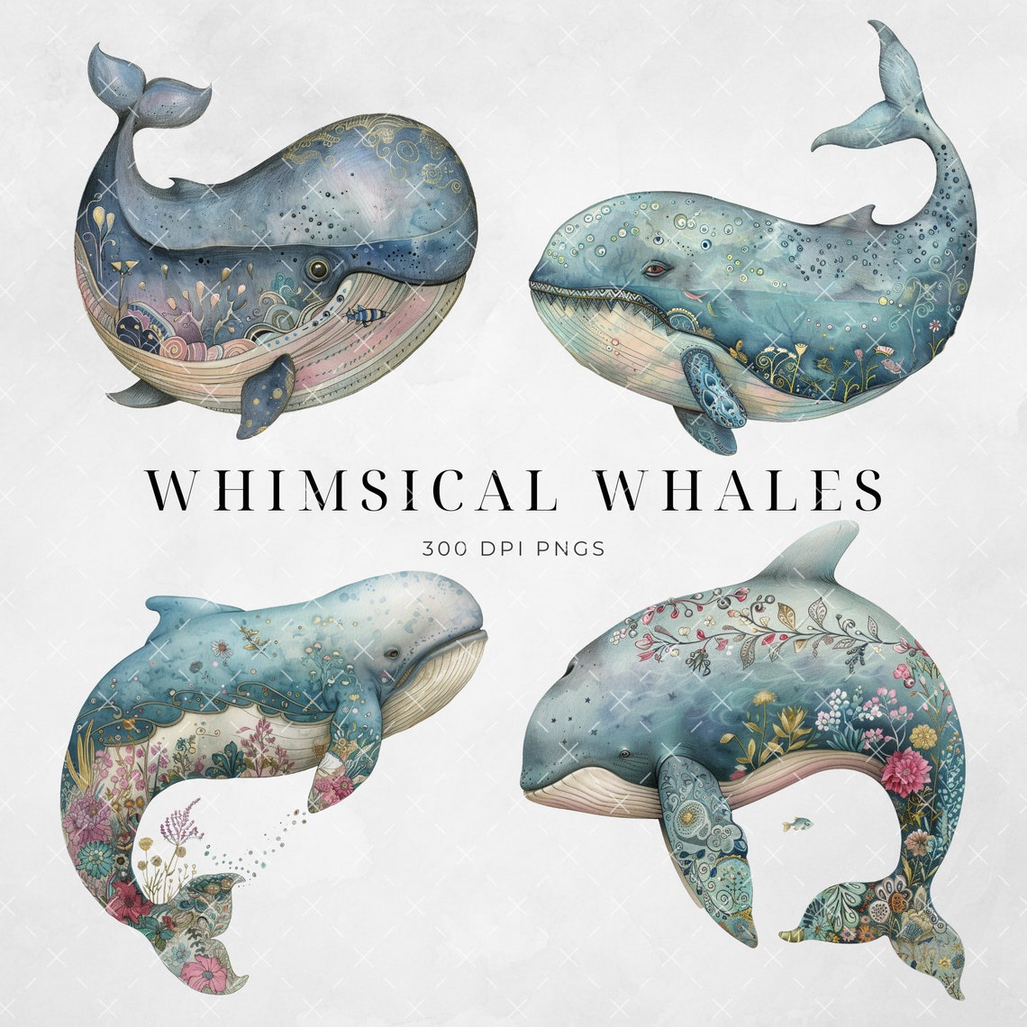 Whimsical Watercolor Whale Clipart, Transparent PNG, Junk Journal ...
