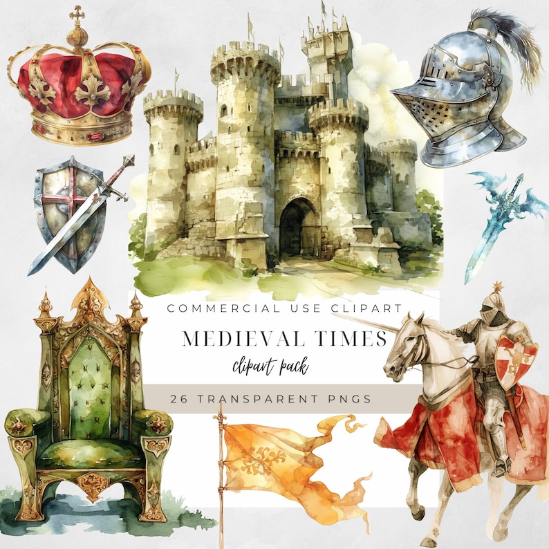 Medieval Clipart, Instant Download, Watercolor Medieval Clipart, Middle ...