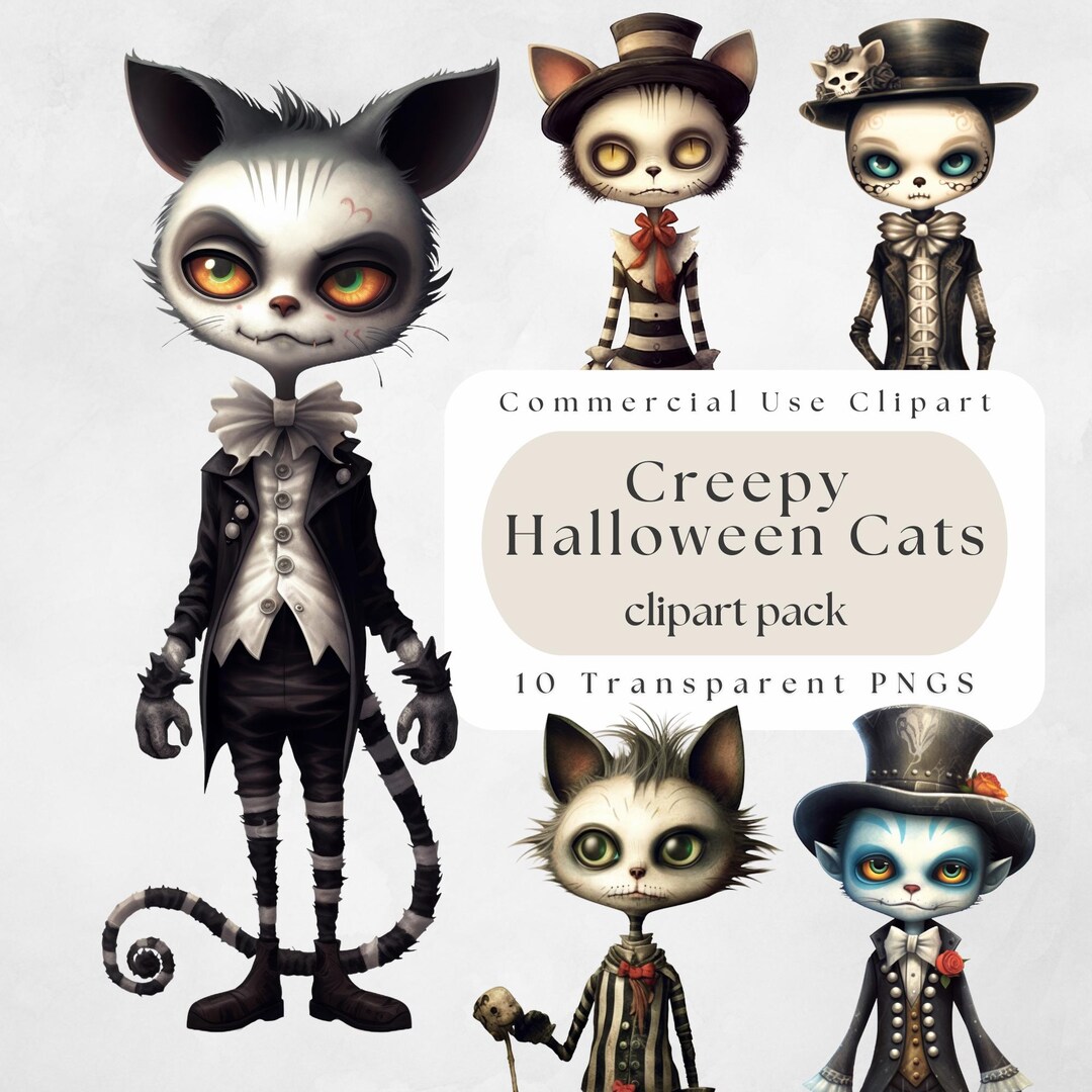Creepy Halloween Cats Clipart, Transparent PNG, Halloween PNG, Instant ...