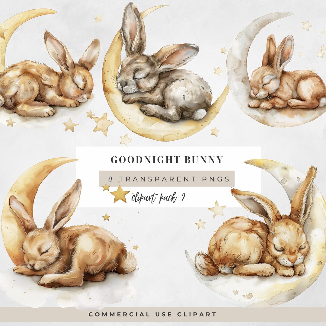 Sleepy Bunny Clipart, Transparent PNG, Instant Download, Watercolor ...