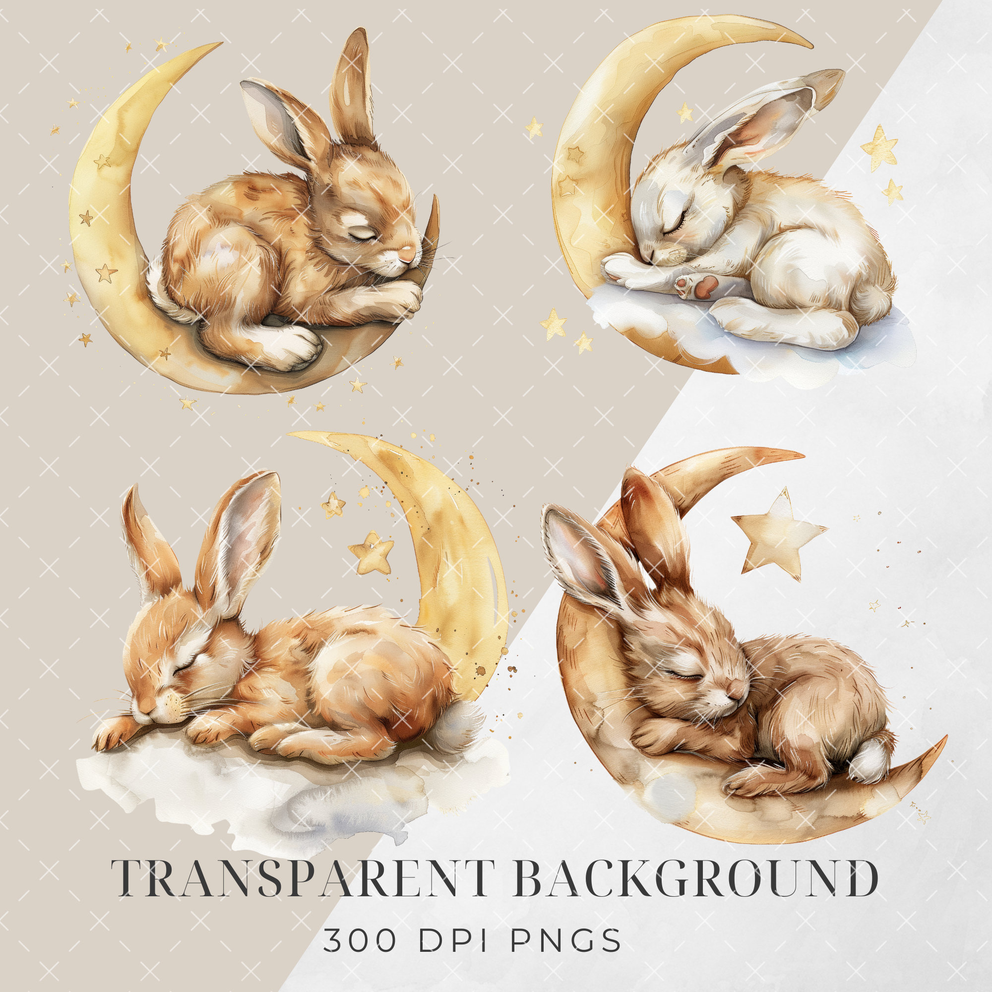 Sleepy Bunny Clipart, Transparent PNG, Instant Download, Watercolor ...