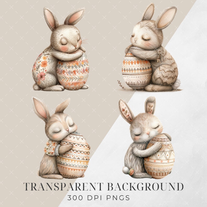 Boho Easter Bunny Clipart, Transparent PNG, Instant Download, Easter ...