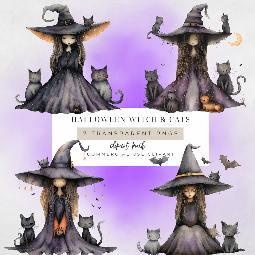 Halloween Witch and Cats Clipart, Transparent PNG, Junk Journal ...
