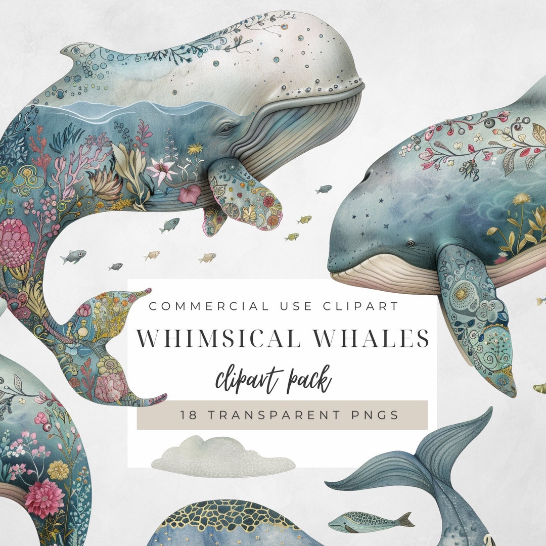 Whimsical Watercolor Whale Clipart, Transparent PNG, Junk Journal ...