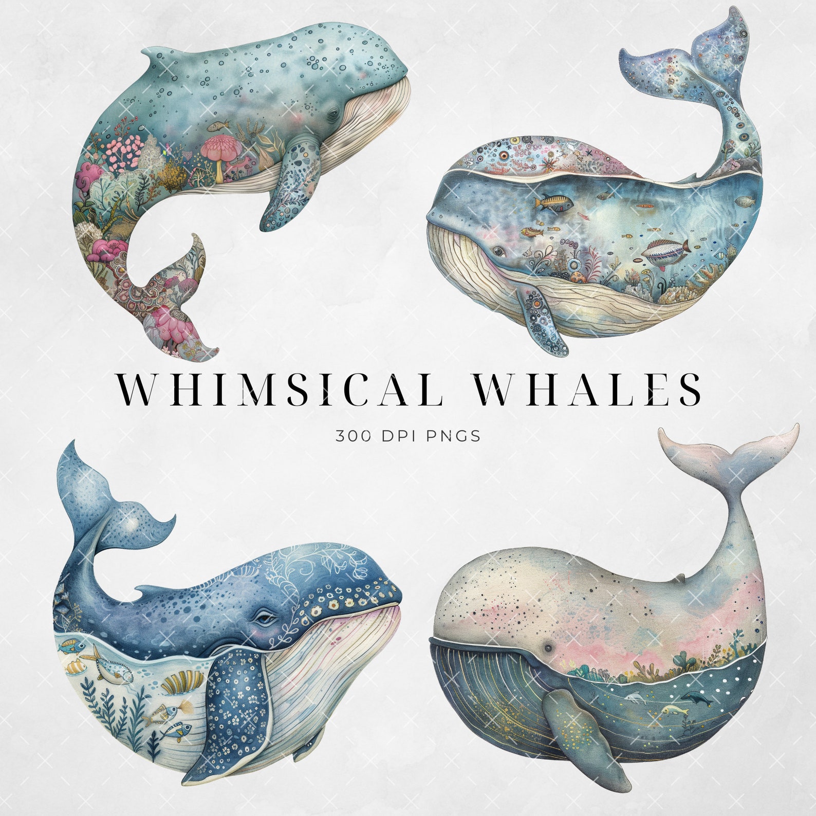 Whimsical Watercolor Whale Clipart, Transparent PNG, Junk Journal ...