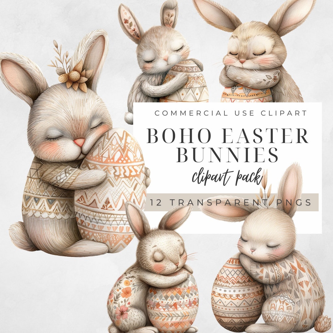 Boho Easter Bunny Clipart, Transparent PNG, Instant Download, Easter ...