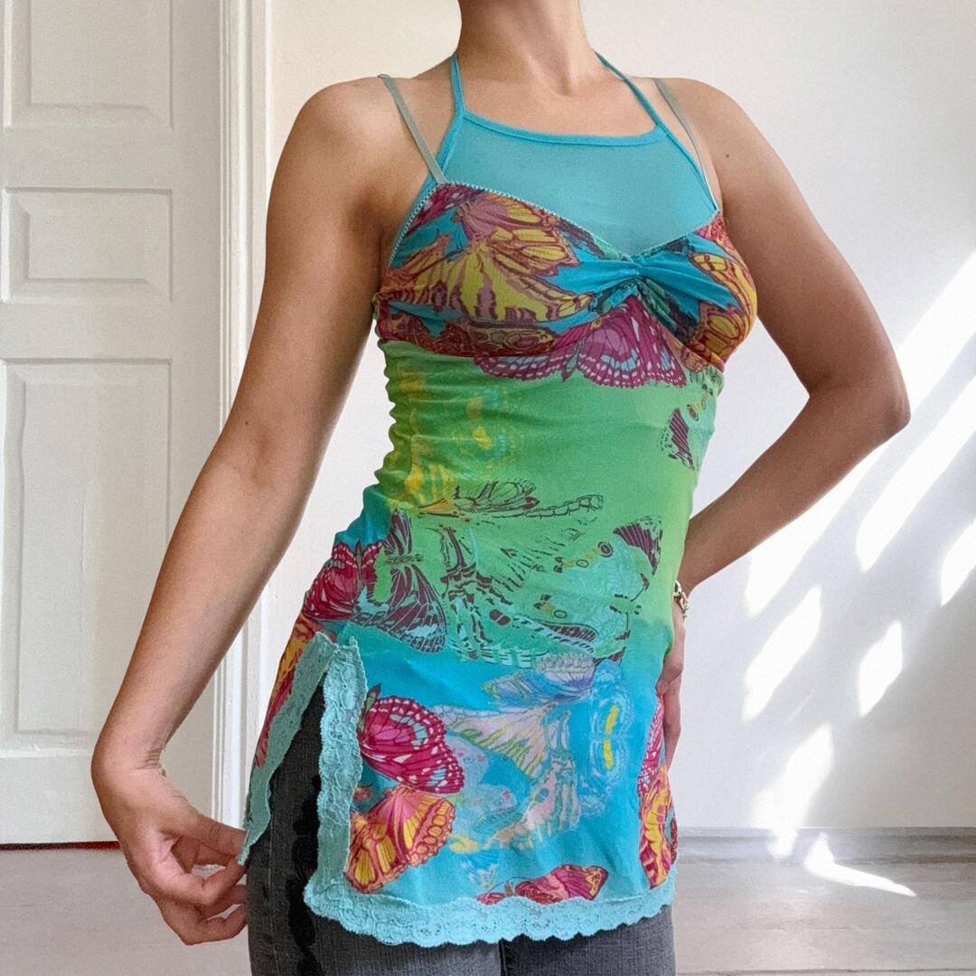 Y2K Butterfly Halter Top ʚଓ Sheer Fairy Mesh Layered Tank ʚଓ French ...