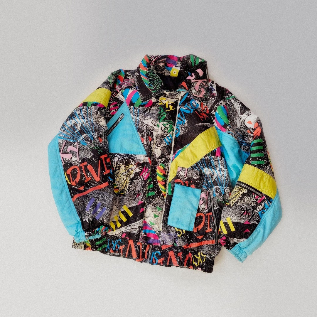 Vintage 80s Puffer Jacket ʚɞ Memphis Style Neon Pattern Blokecore - Etsy
