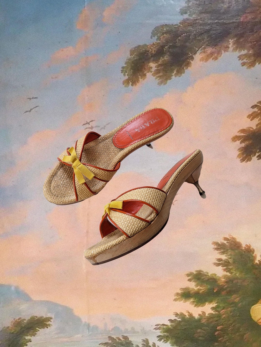 Prada Cute Cloggs ୨୧ 1950 Coquette Key West Kitten Style Straw Mules ...