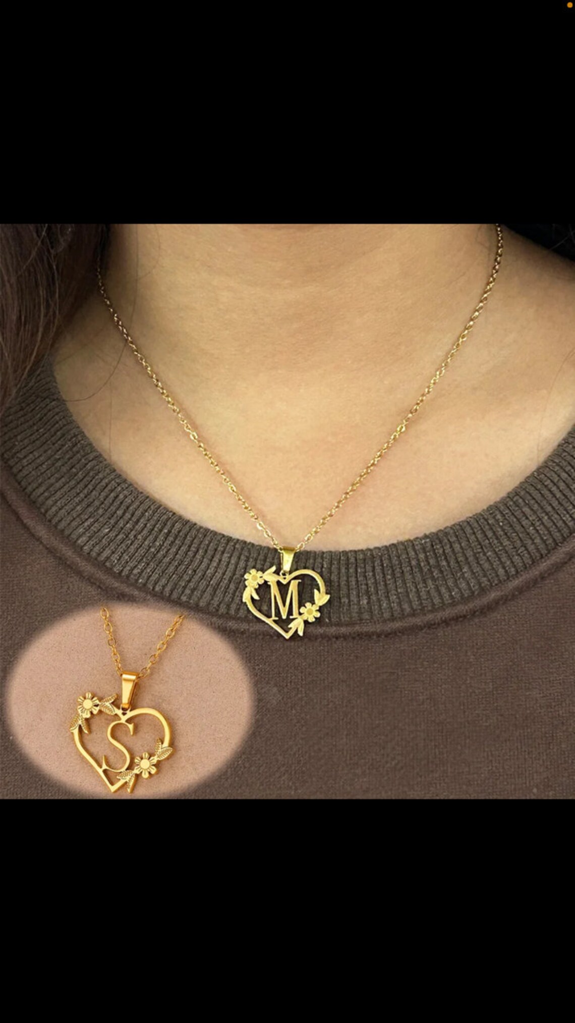 A-Z Necklace Stainless Steel Letters Initial Jewelry Heart Pendant ...