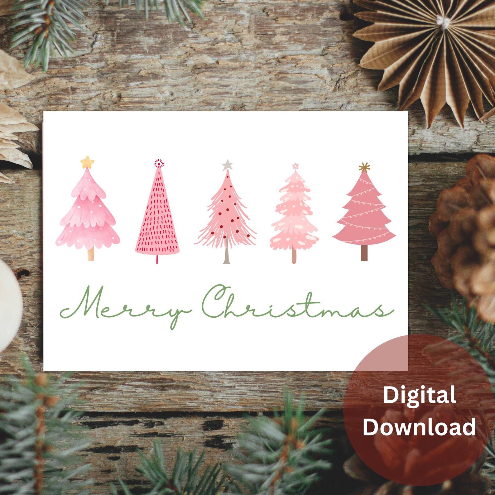 Pink Christmas Tree Card Digital Download, Printable Holiday Card ...