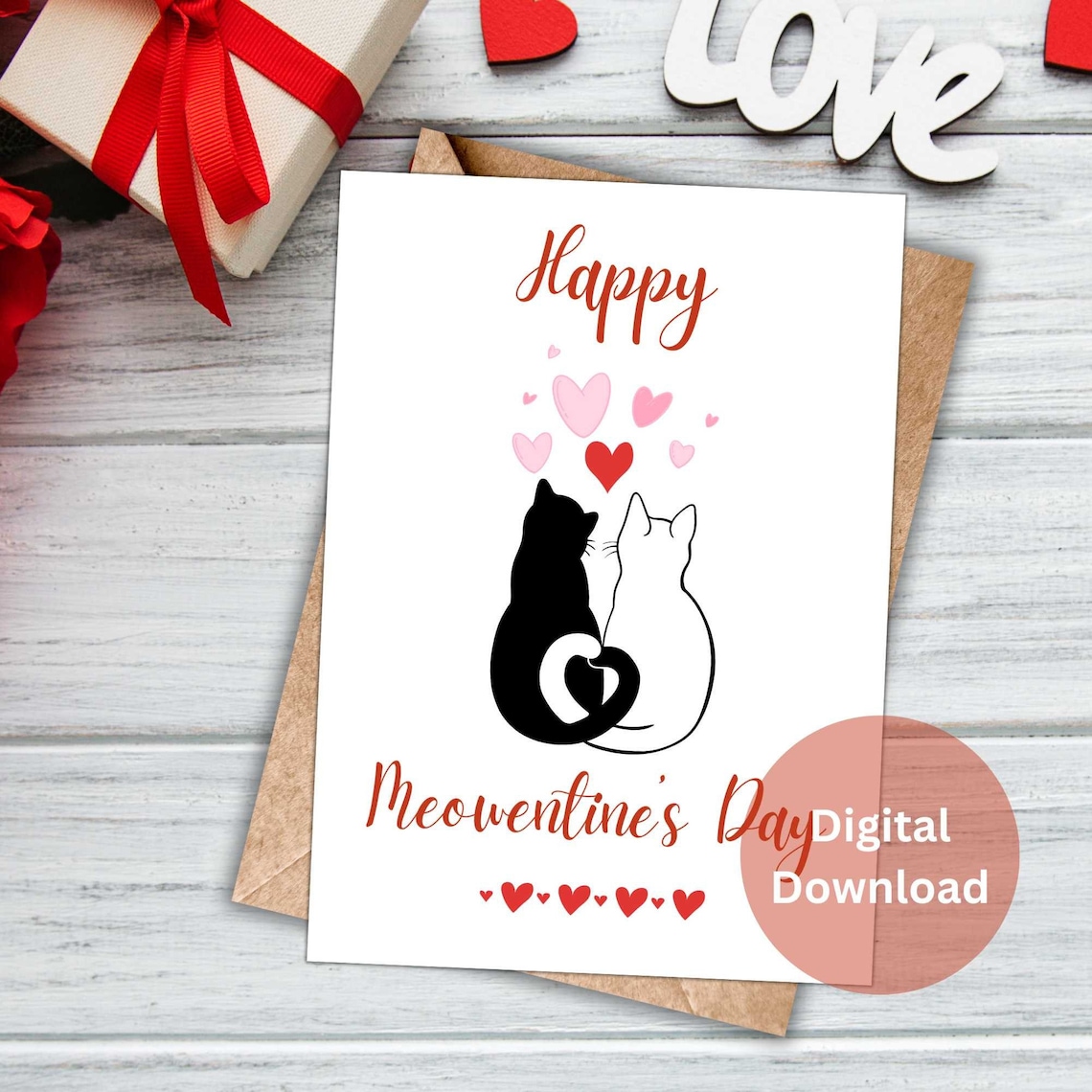 Cute Cat Valentines Day Card Digital Download, Printable Valentines Day ...
