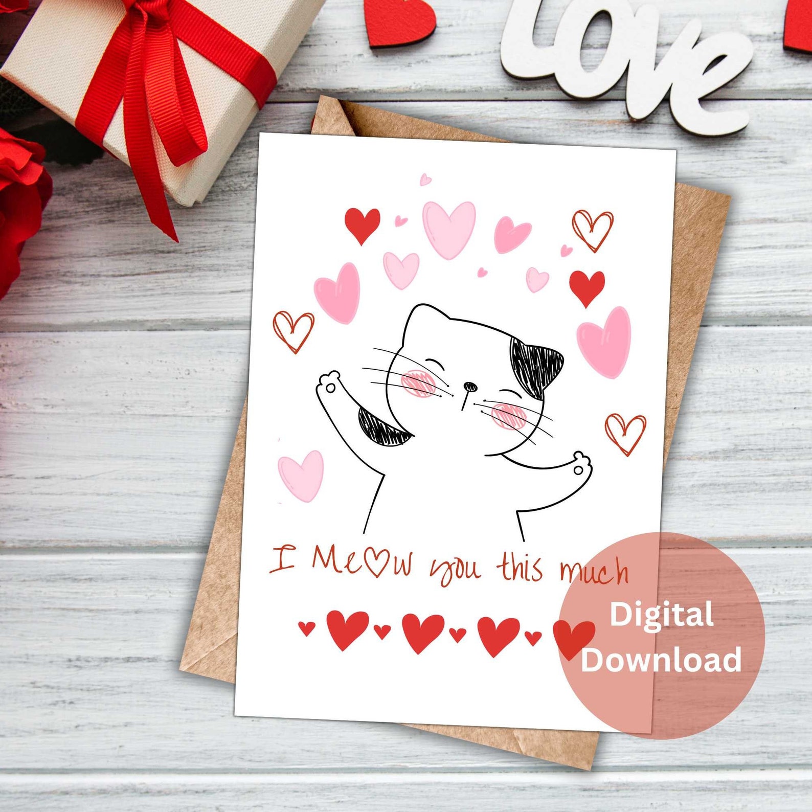 Cute Cat Valentines Day Card Digital Download, Printable Valentines Day ...
