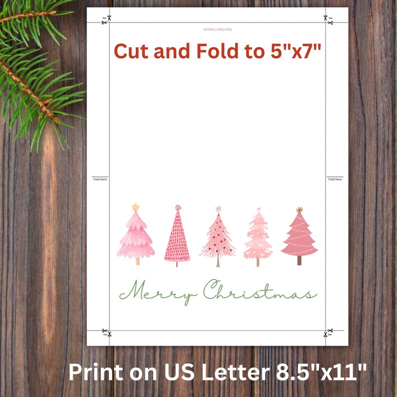 Pink Christmas Tree Card Digital Download, Printable Holiday Card ...