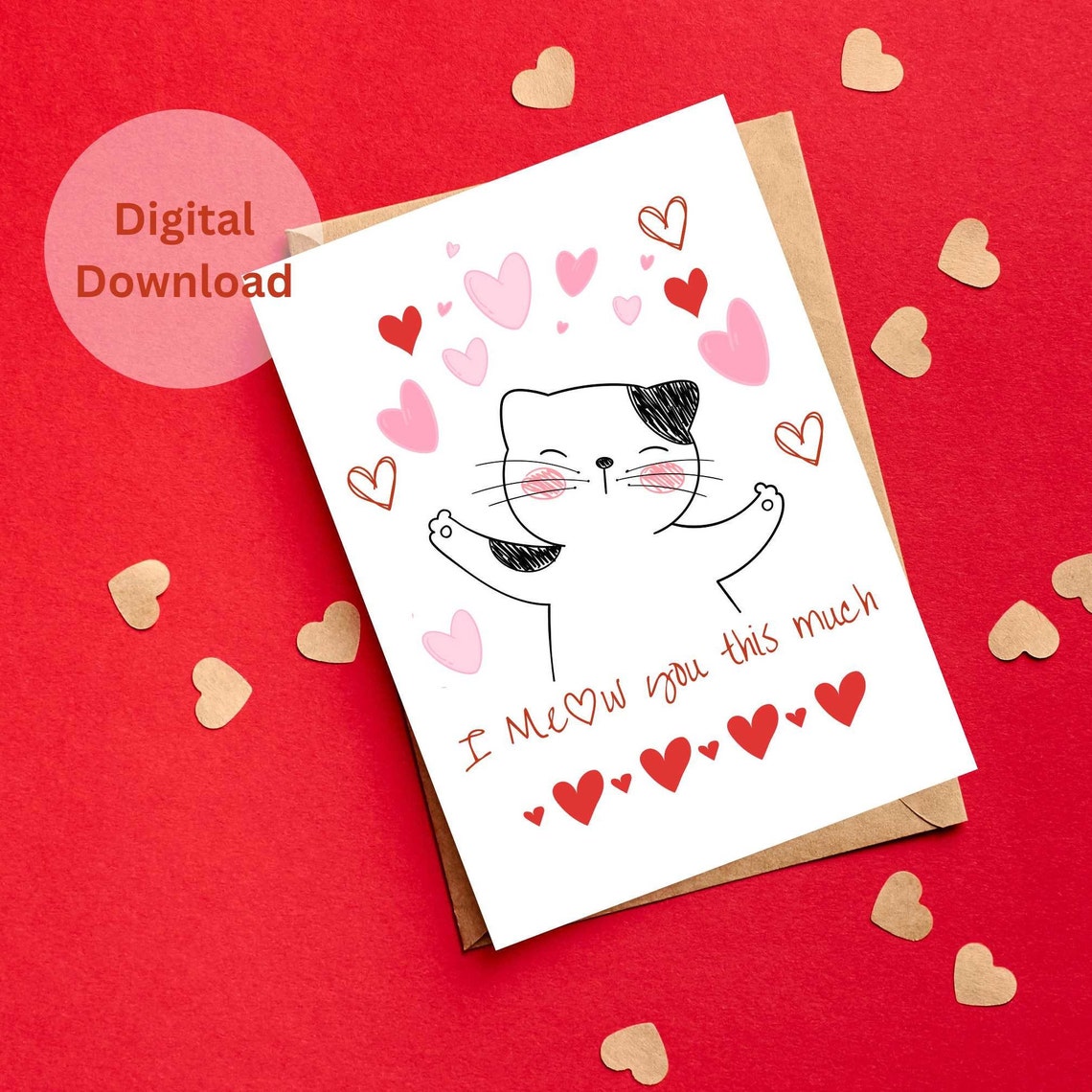 Cute Cat Valentines Day Card Digital Download, Printable Valentines Day ...