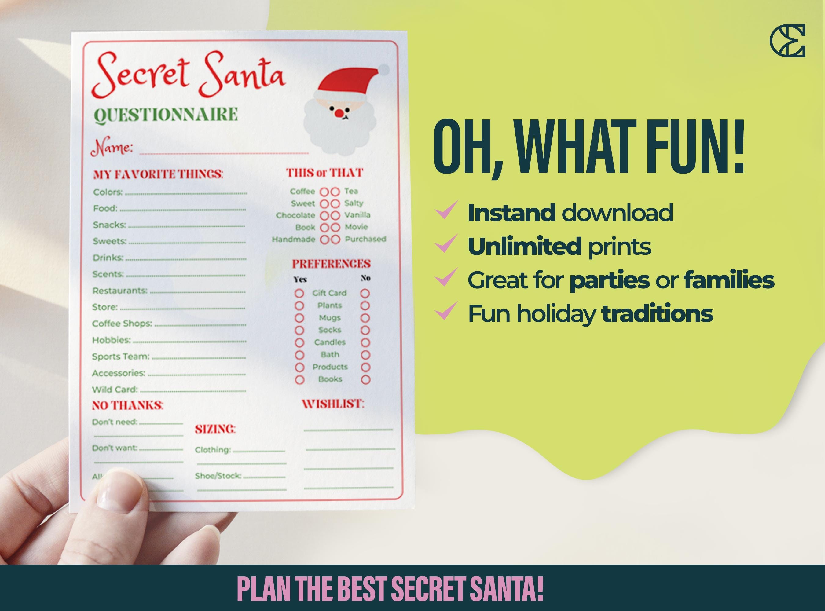 Printable Secret Santa Questionnaire & Sign up Sheet (digital Download ...