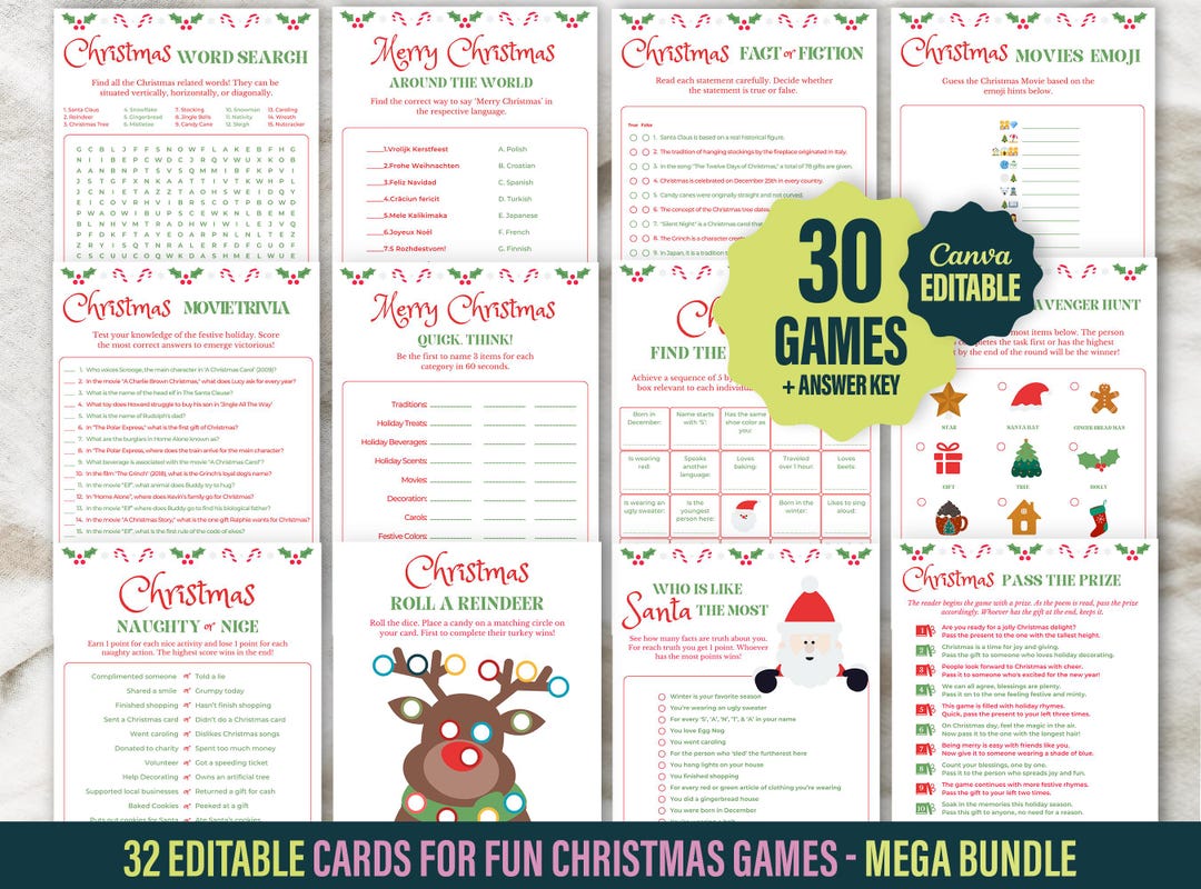 Printable Christmas Games Bundle, Printable Christmas Party Games ...