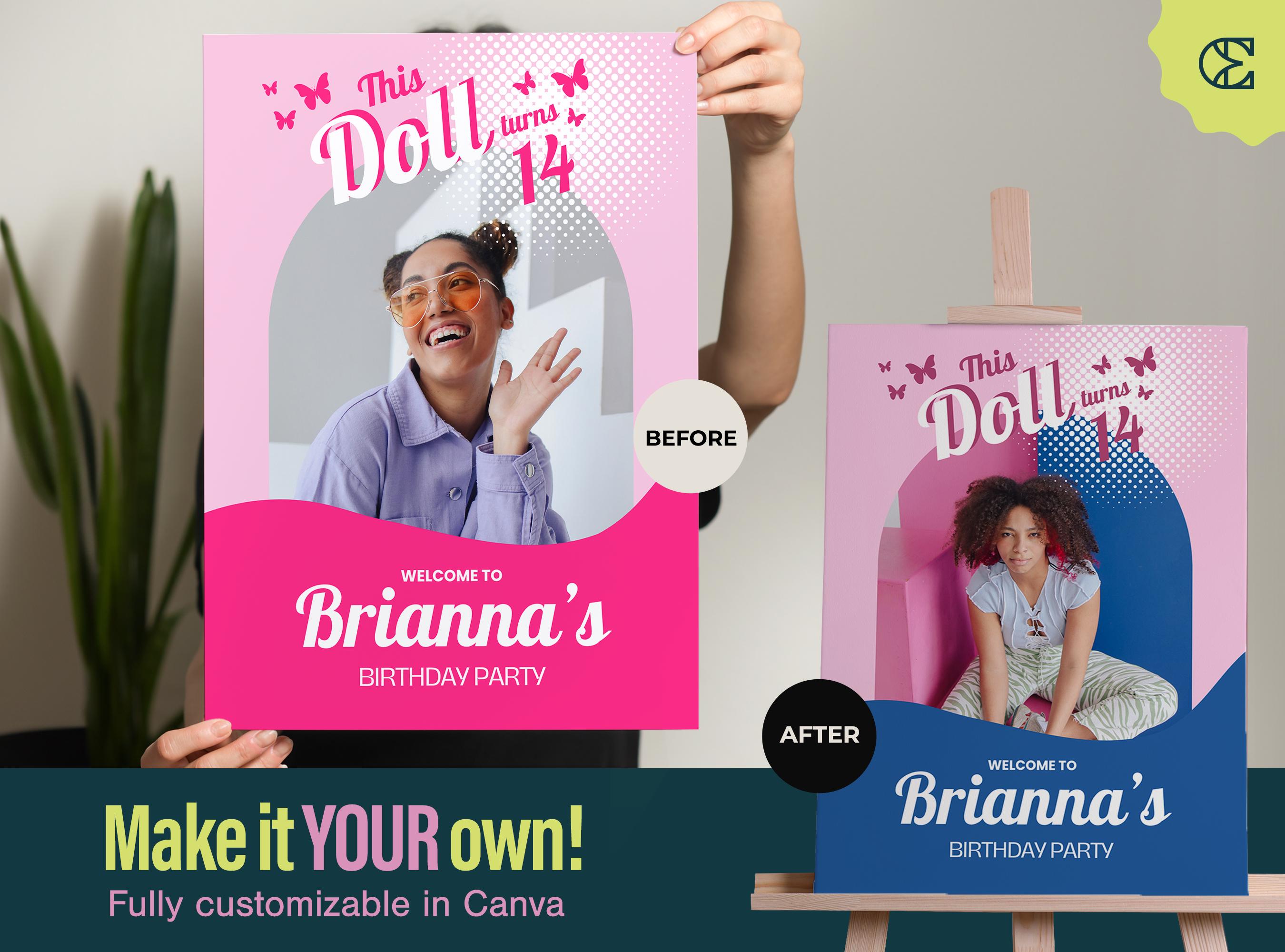 Pink Doll Birthday Welcome Sign With Photo (canva Template) - Etsy