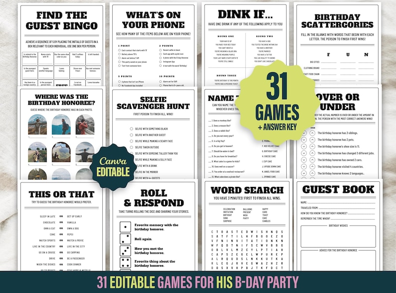 Birthday Games for Him Printable Bundle, Party Games for Men Birthday ...