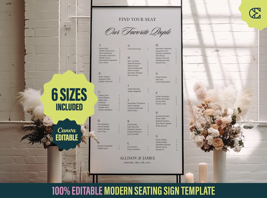 Printable Tall Wedding Seating Chart Template, Our Favorite People ...