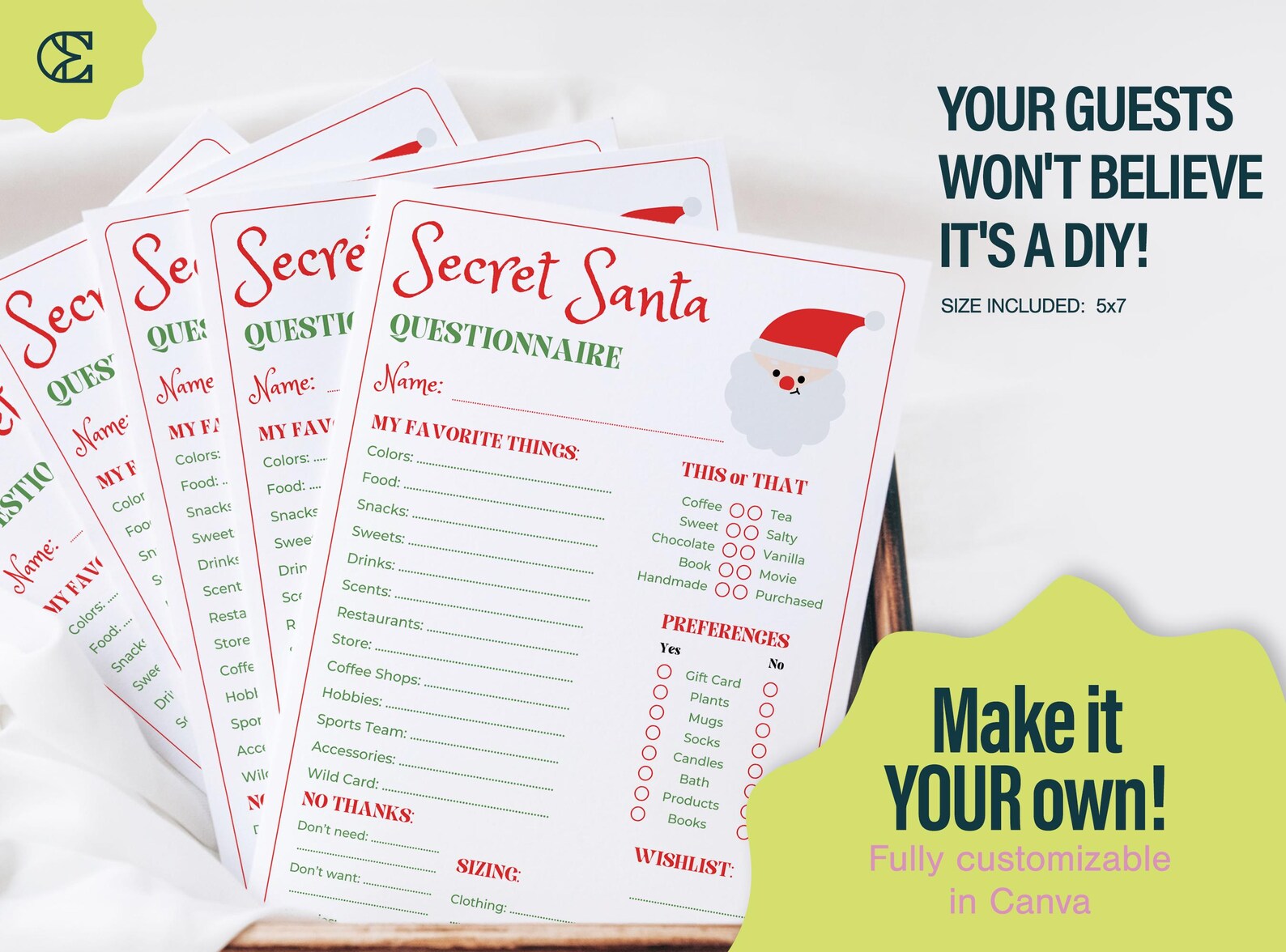Printable Secret Santa Questionnaire & Sign up Sheet (digital Download ...