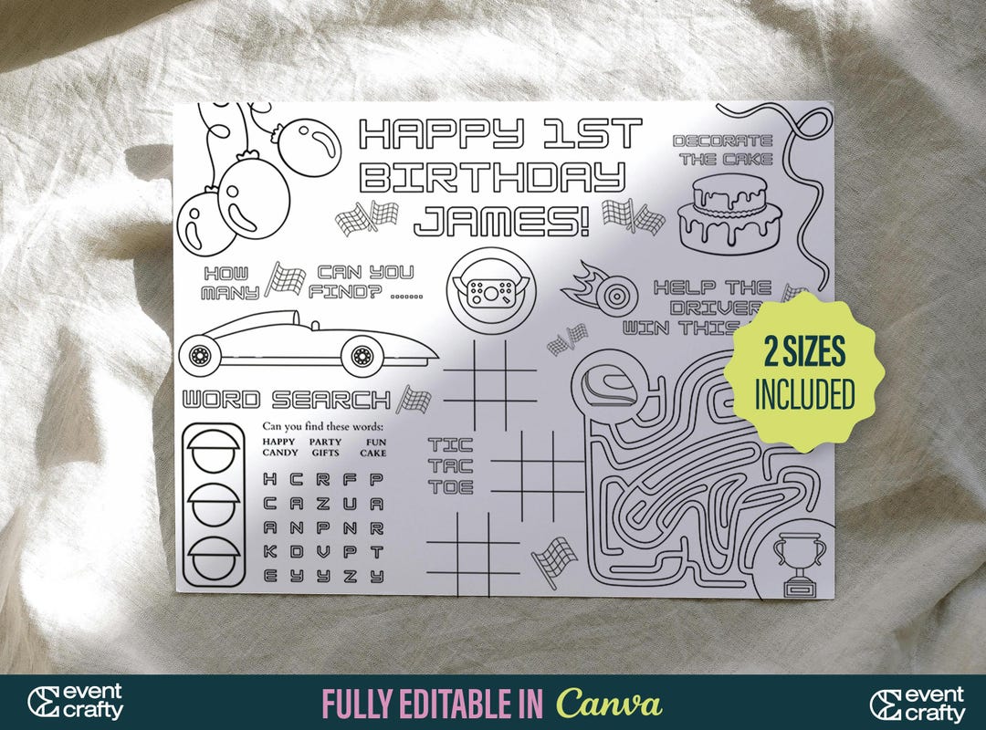 Race Car Coloring Page for Kids Birthday, Printable Formula One Party ...