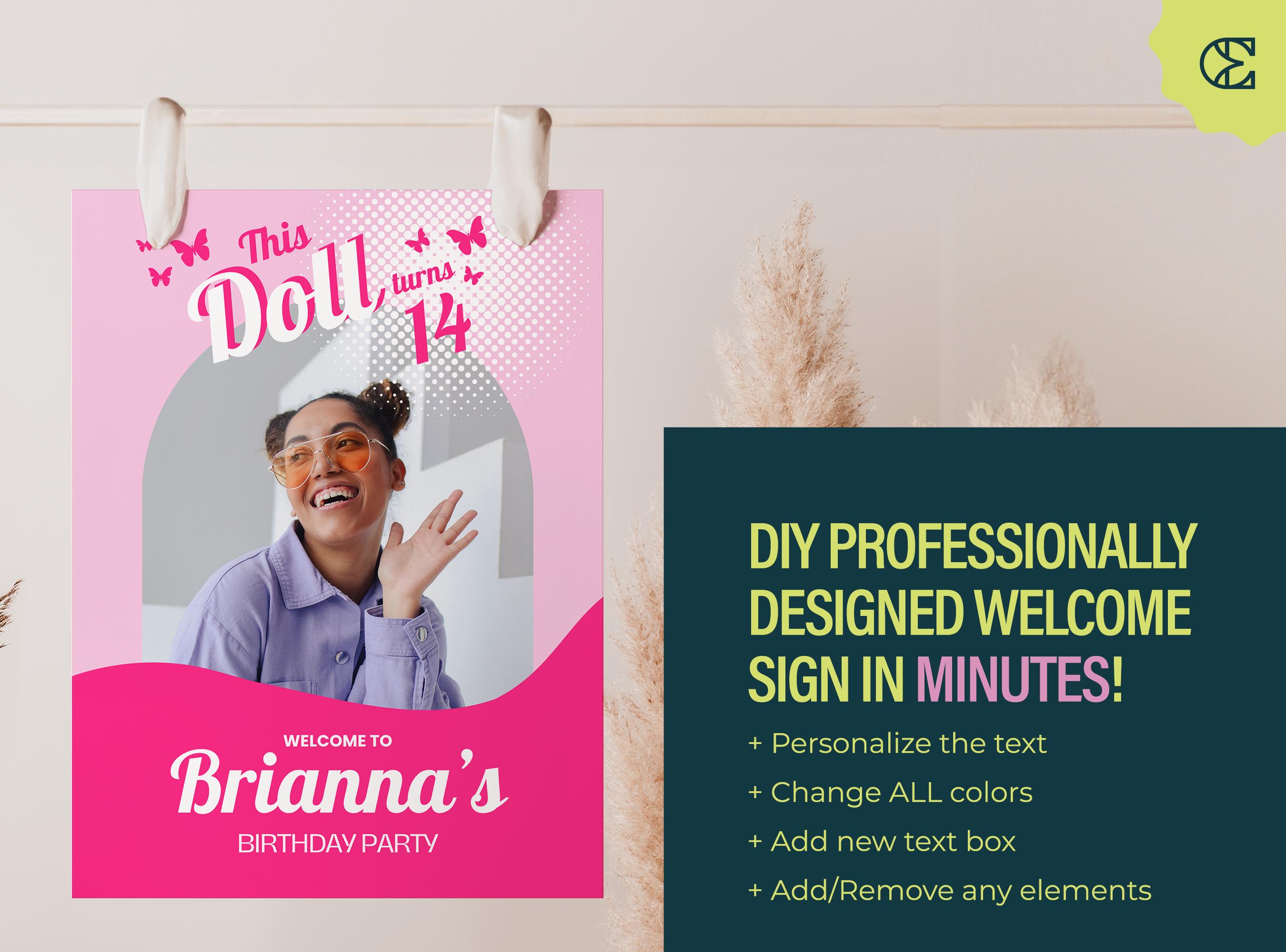 Pink Doll Birthday Welcome Sign With Photo (canva Template) - Etsy