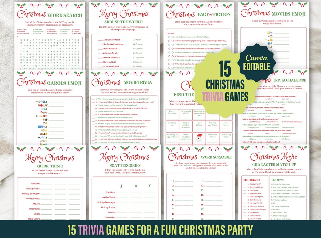 Christmas Game Bundle Printable Trivia Games, Canva Templates Christmas ...