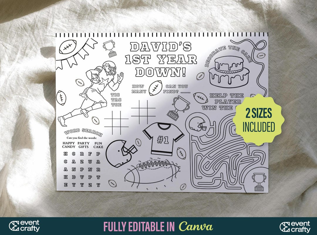 Custom First Year Down Birthday Coloring Page Template, Football ...