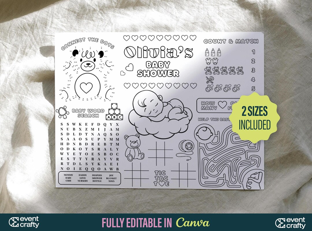Baby Shower Coloring Placemat Printable, Custom Baby Shower Coloring ...