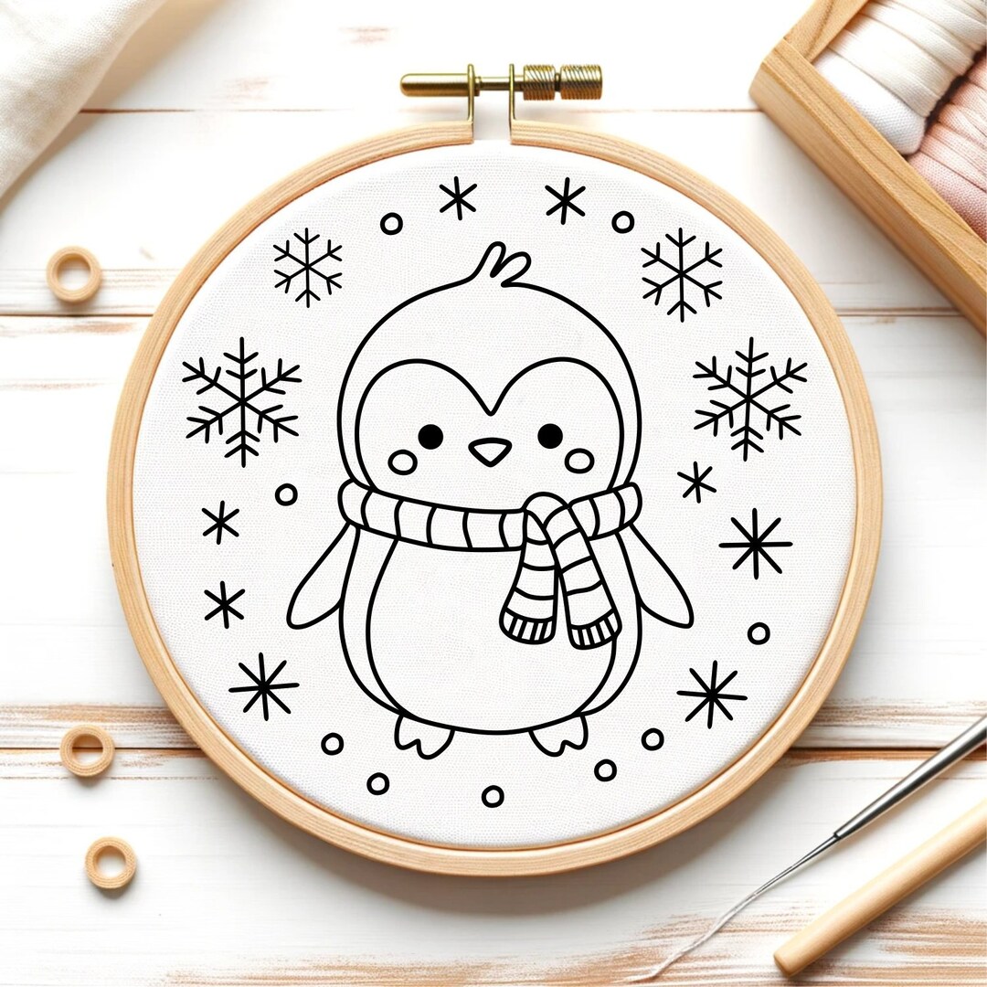 PDF Pattern, Hand Embroidery Pdf Pattern Only, Penguin With Snowflakes Hand Embroidery Pdf ...