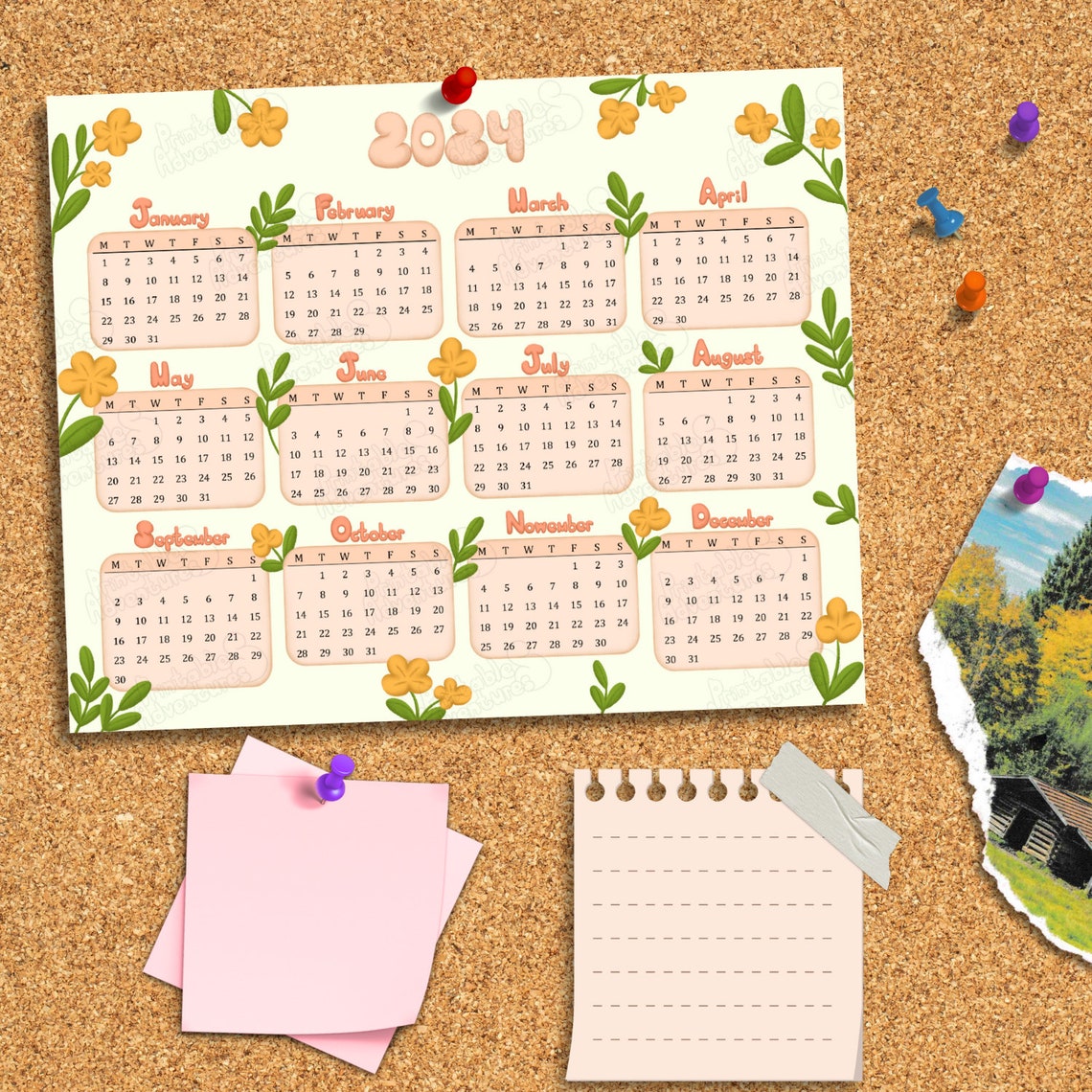 2024 Printable Flower Calendar, Digital Calendar, Floral Wall Calendar ...