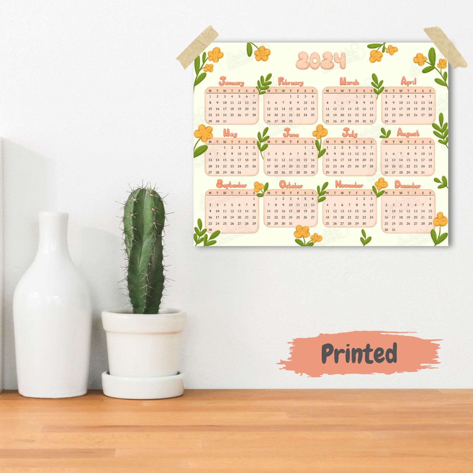 2024 Printable Flower Calendar, Digital Calendar, Floral Wall Calendar ...