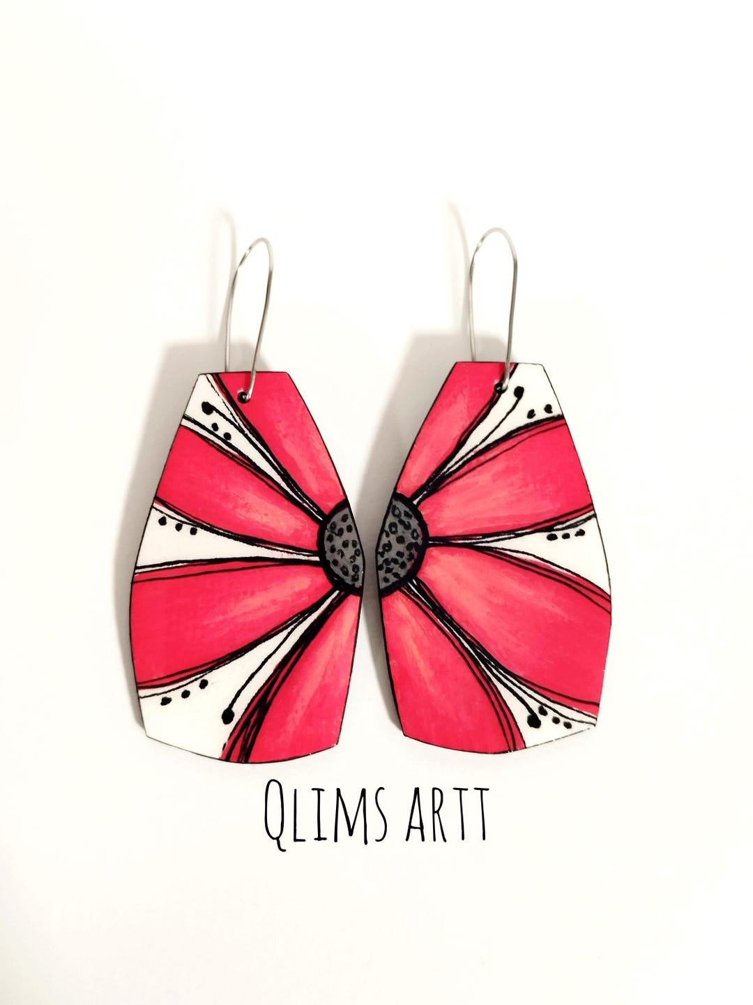 Handpainted Paper Earrings, Red Flower Dangle Drop Paper Earrings ...