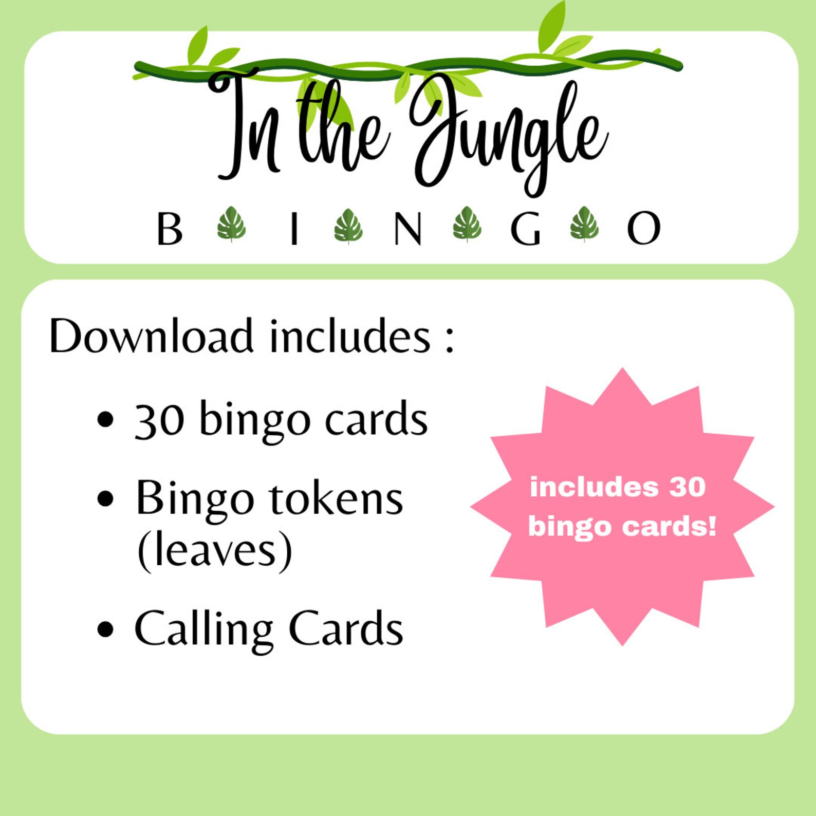 In the Jungle Bingo, 30 Bingo Cards, Kids' in the Jungle Activity, in ...