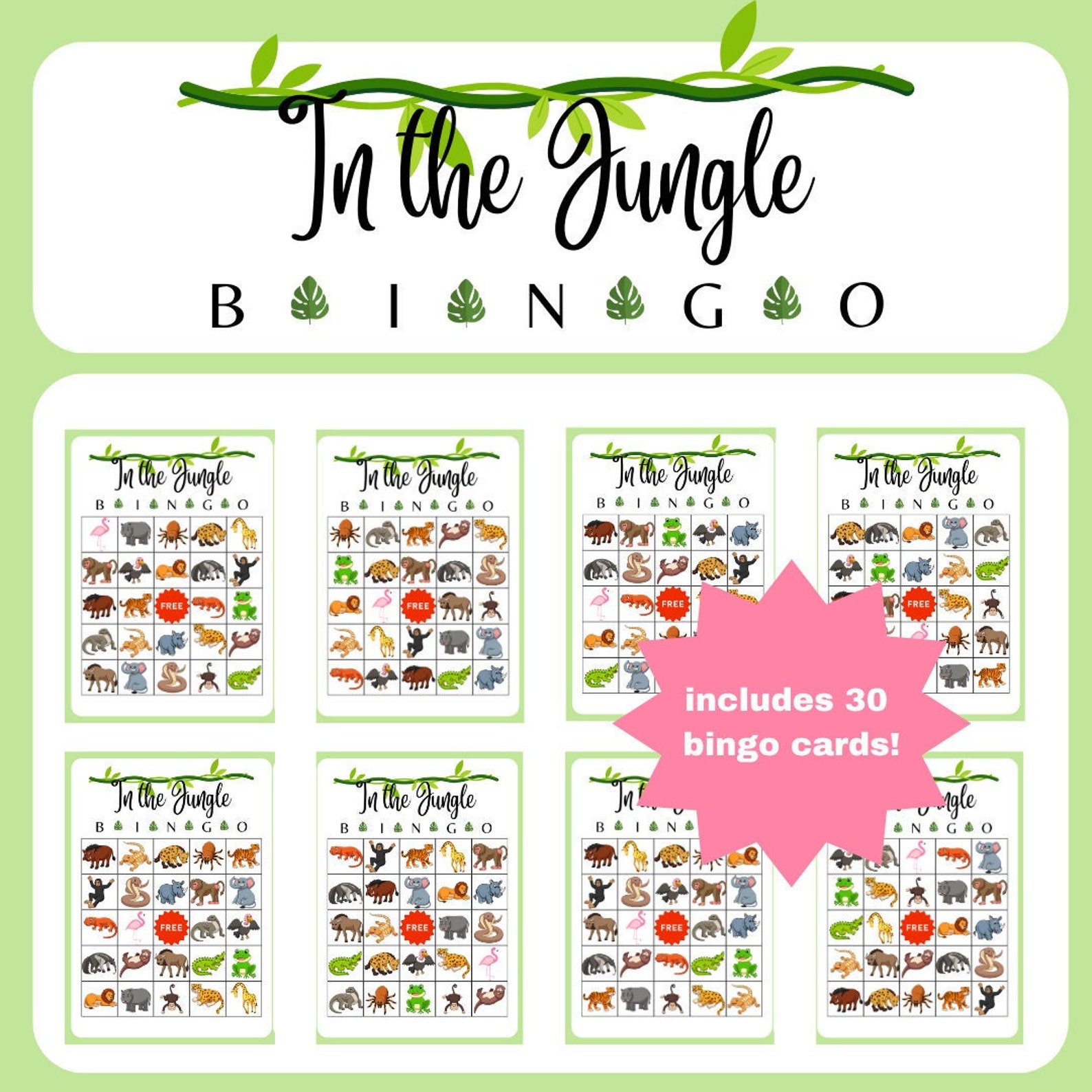 In the Jungle Bingo, 30 Bingo Cards, Kids' in the Jungle Activity, in ...