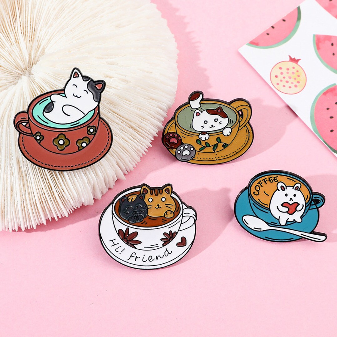 Cats Bunny Coffee Mugs Enamel Pin Kitten Pet Owner Gift Lapel Pins ...