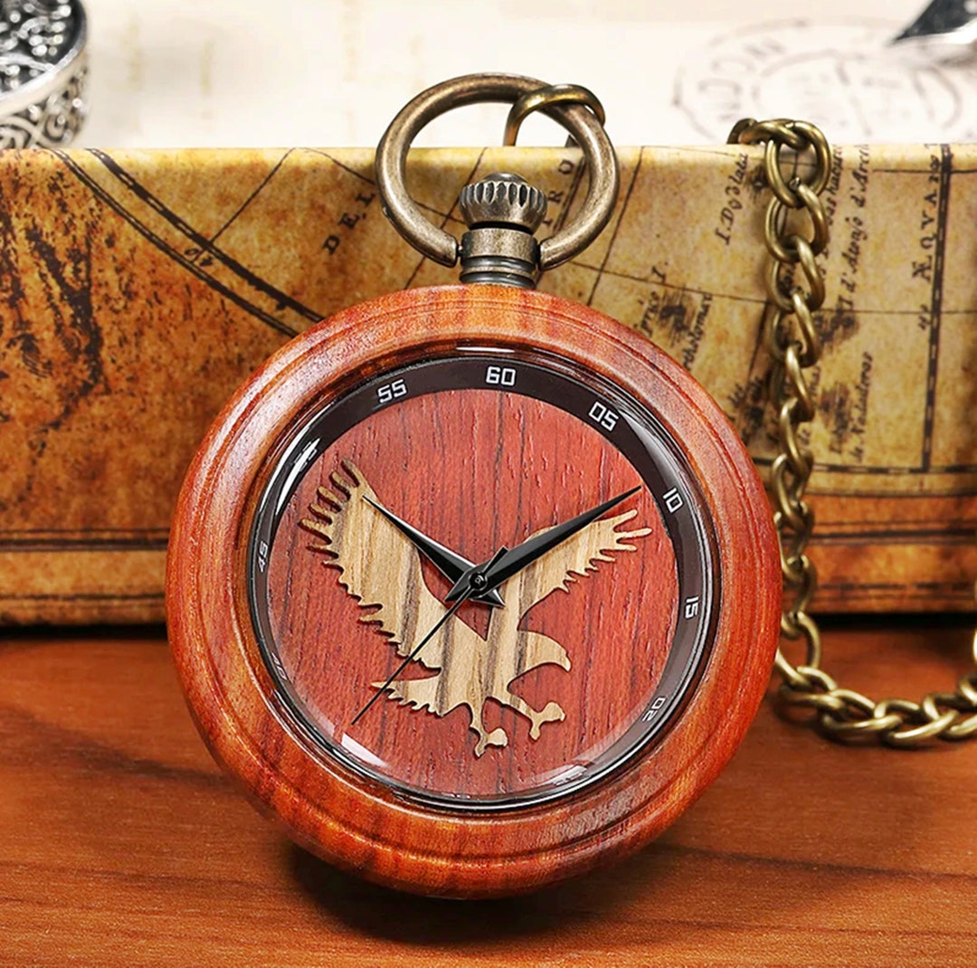 Wooden Watch, Eagle Pocket Watch, Eagle Stripe Real Wooden Pocket ...